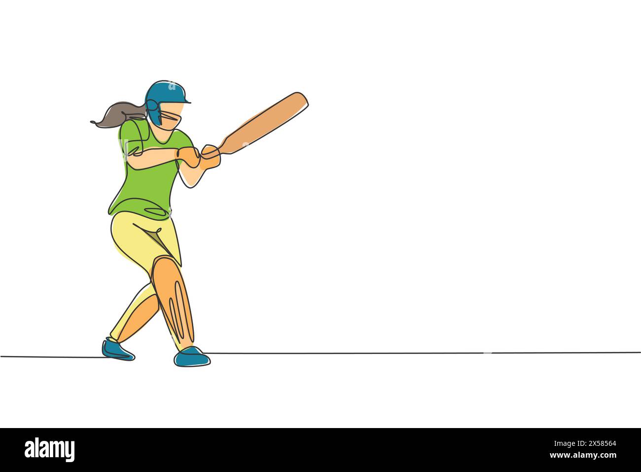 Single continuous line drawing young agile woman cricket player ...