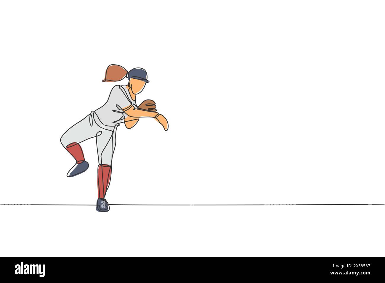 One single line drawing of young energetic woman baseball player ...