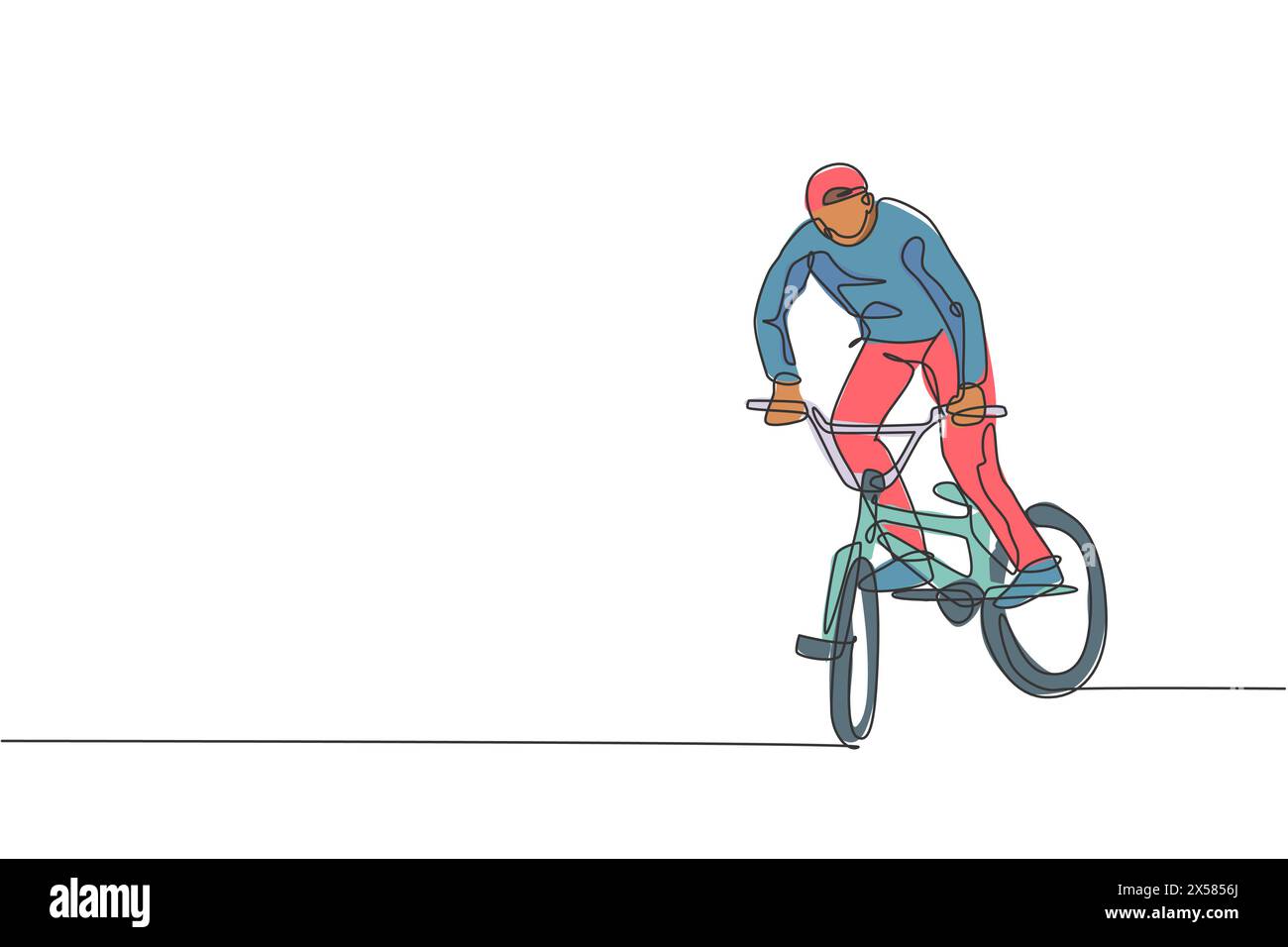 One continuous line drawing of young BMX bicycle rider performing ...