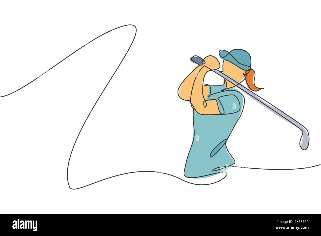 Single continuous line drawing of young happy golf player swing the ...