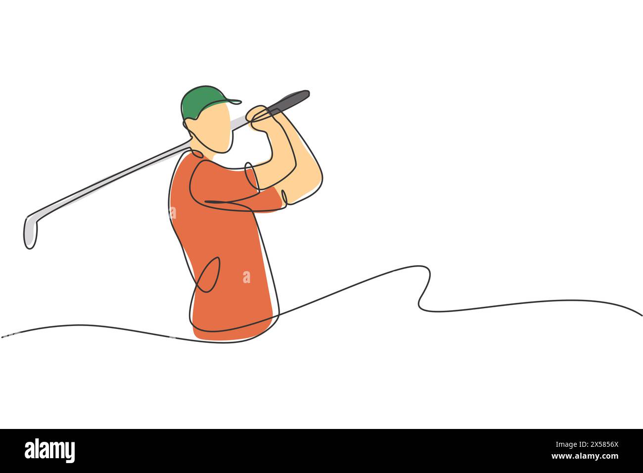 One continuous line drawing of young golf player swing golf club and ...