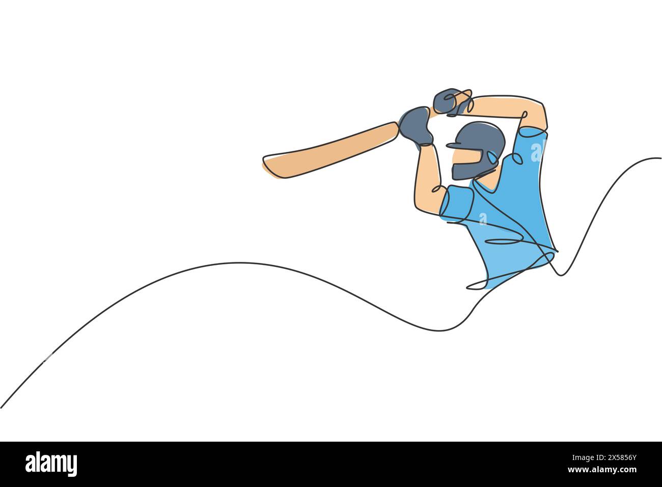 One single line drawing young energetic man cricket player hit the ball ...