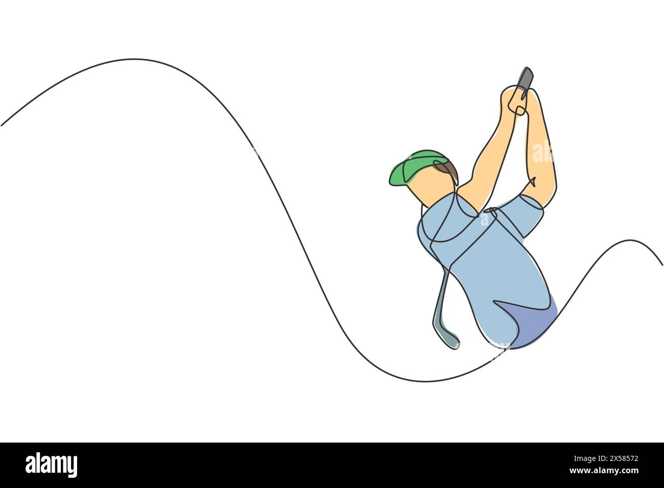 One single line drawing of young sporty golf player hit the ball using ...