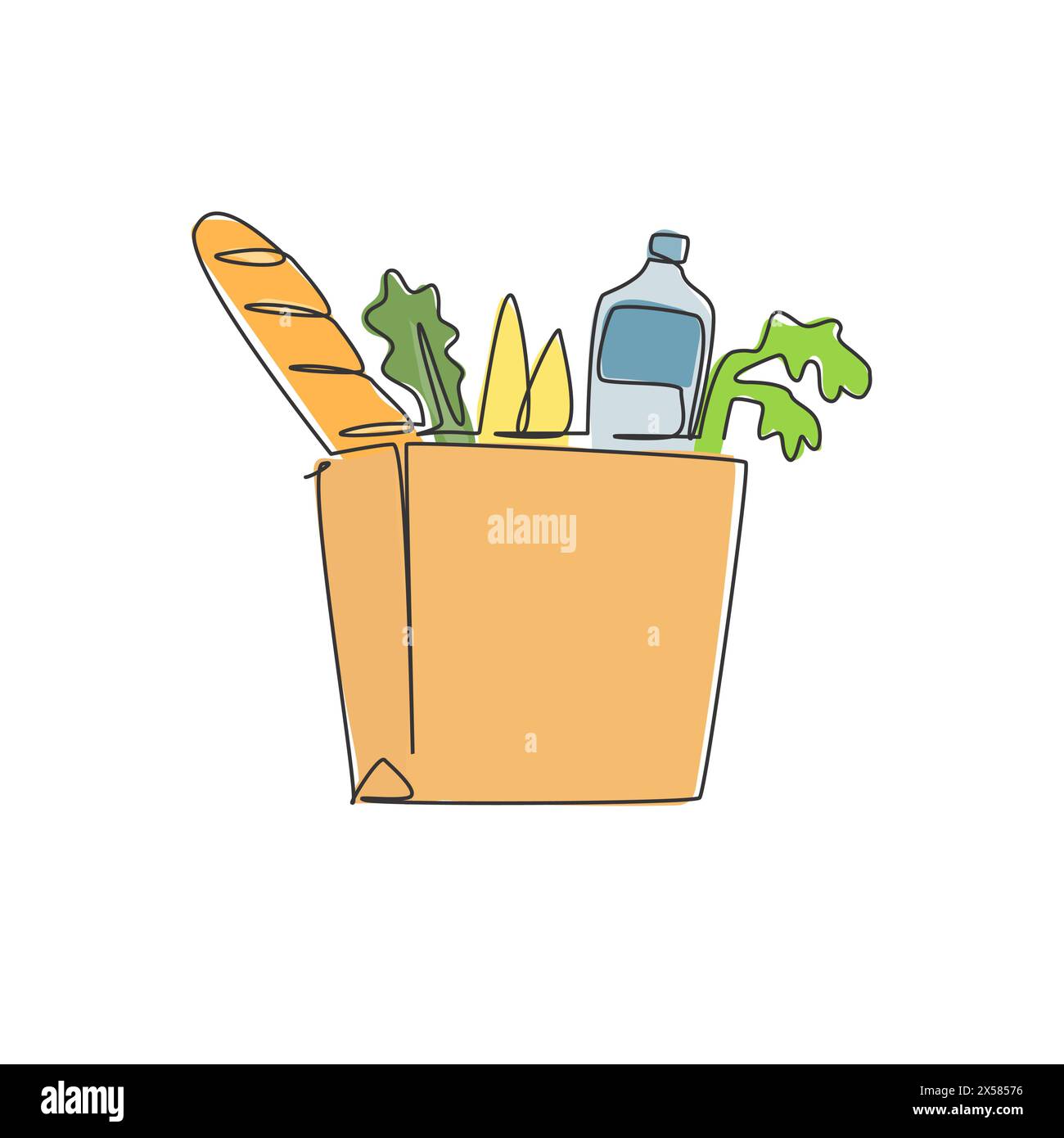 Single continuous line drawing of stylized paper grocery bag with ...