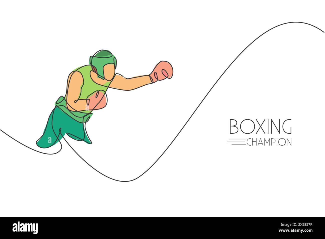 One single line drawing of young energetic man boxer practice his hook ...