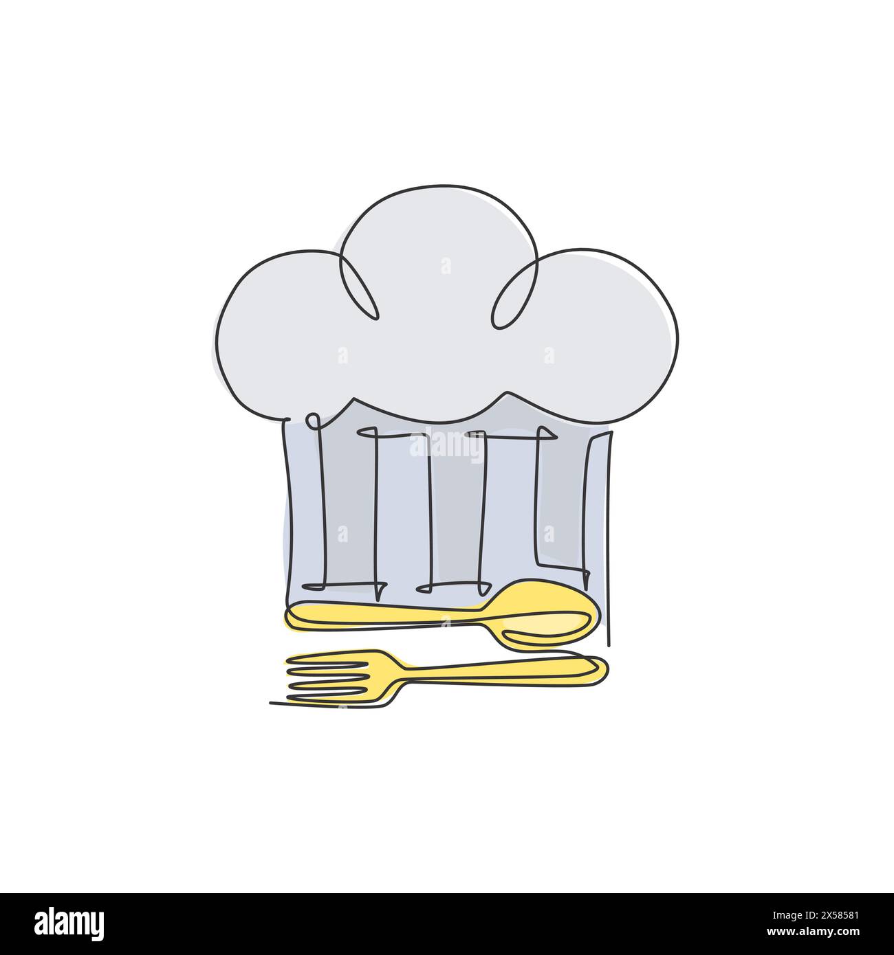 One continuous line drawing of chef hat with fork and spoon for ...