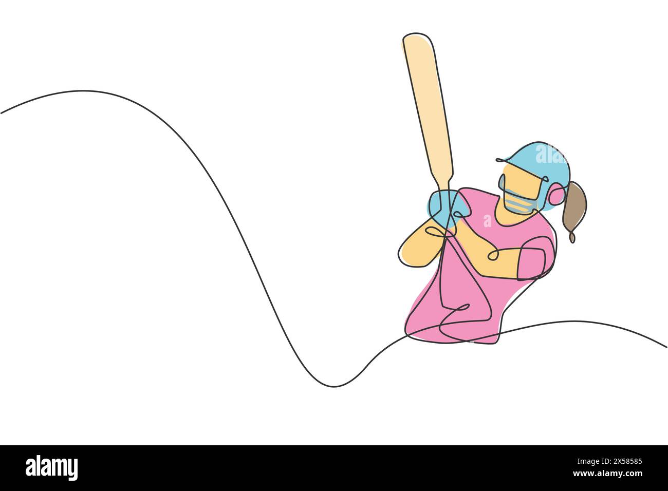 Single continuous line drawing of young agile woman cricket player ...