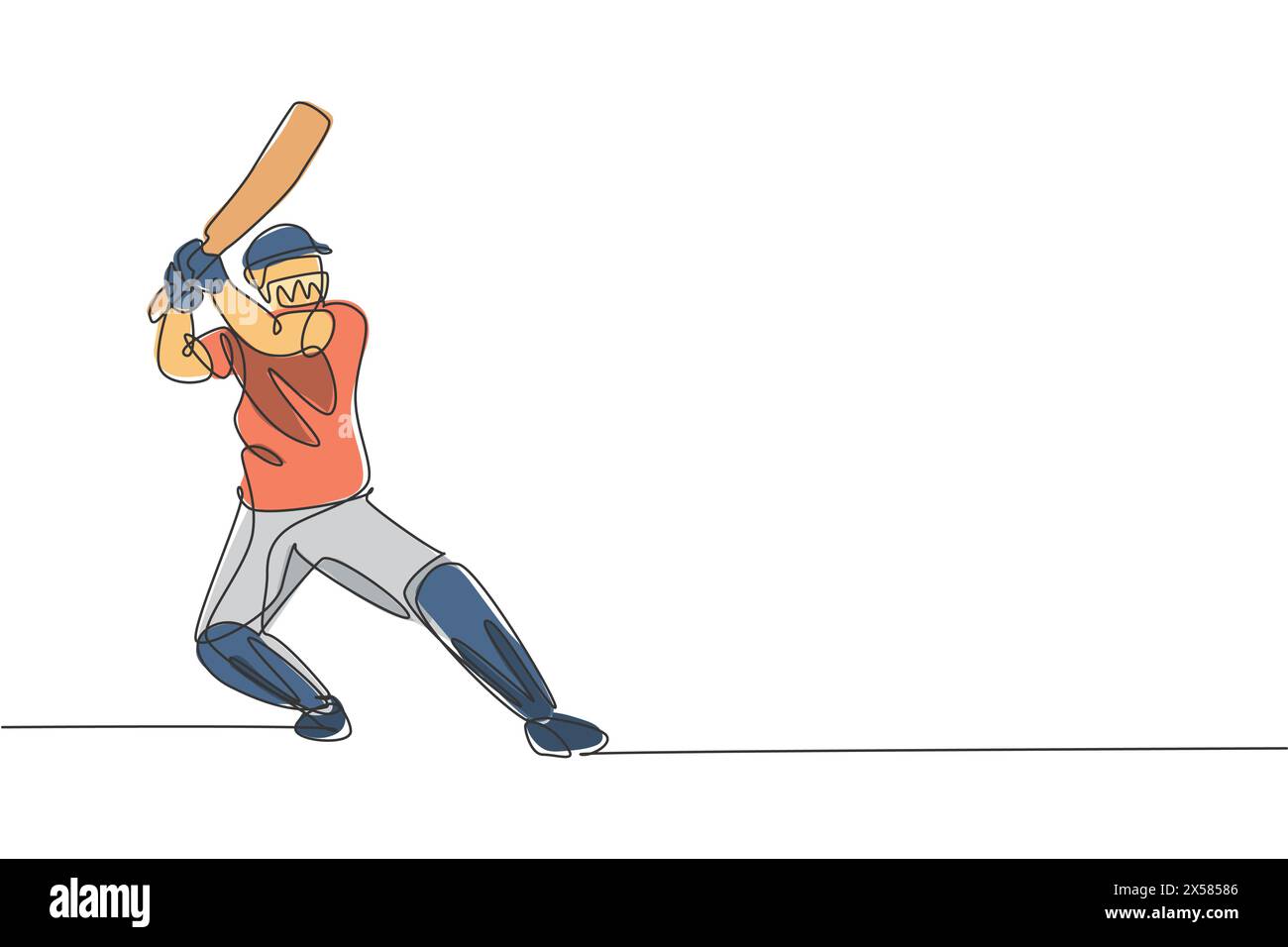 One continuous line drawing of young man cricket player standing ready ...