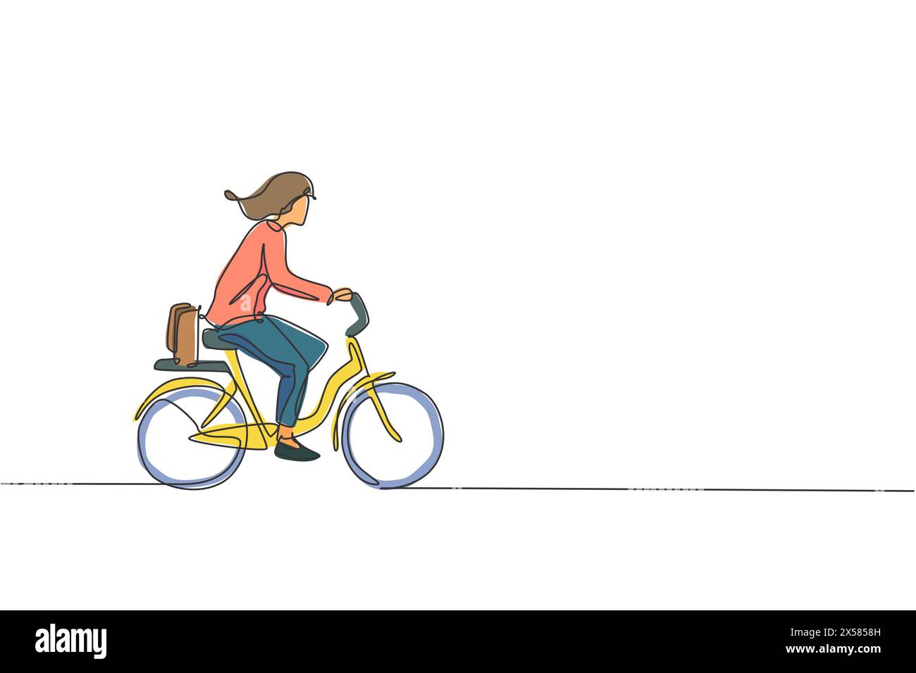Single continuous line drawing of young professional businesswoman riding bicycle to her company ...