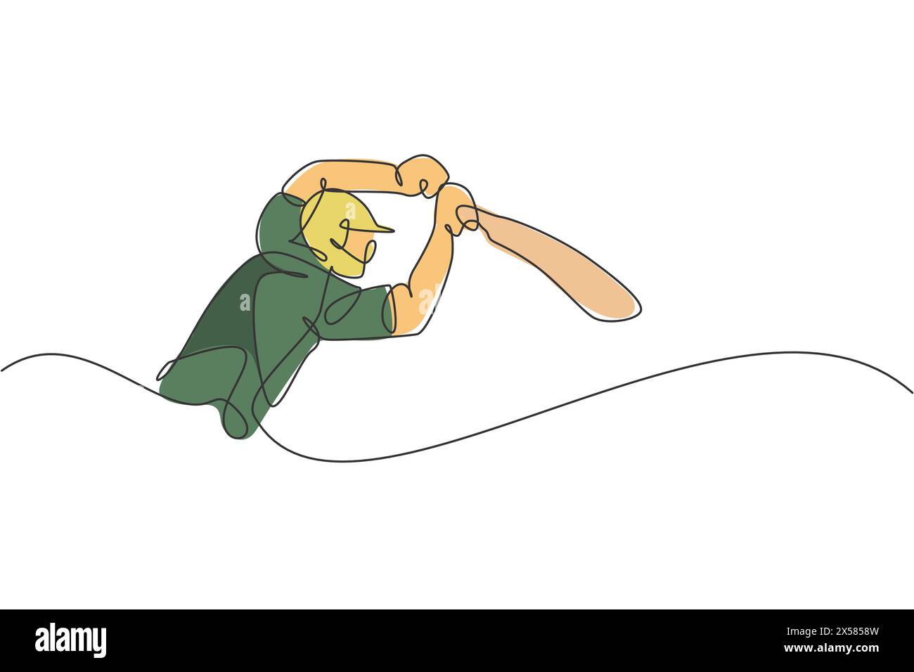 One single line drawing of young energetic man cricket player stance to hit the ball vector ...