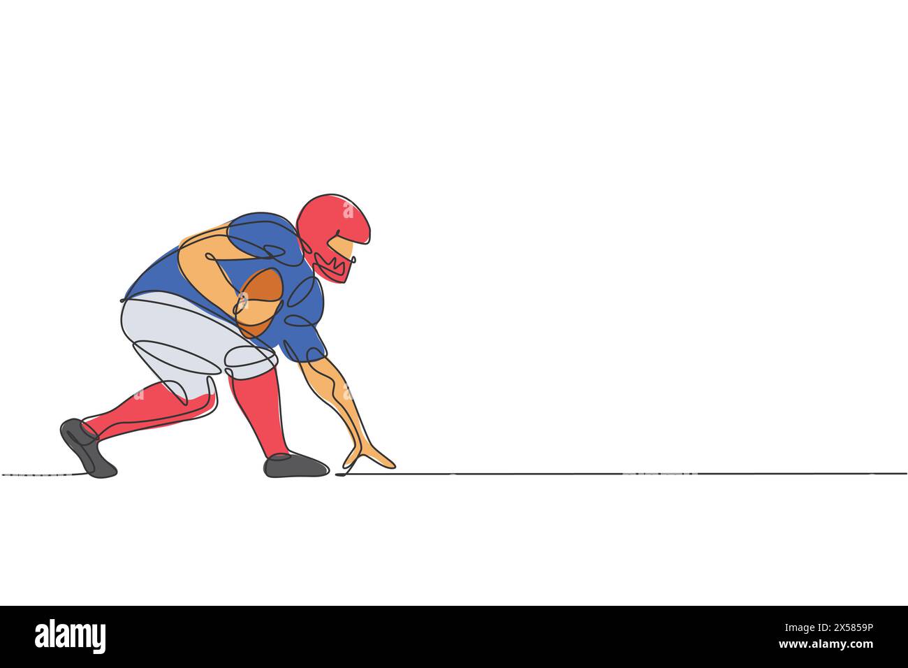 One continuous line drawing of young american football player stance to ...