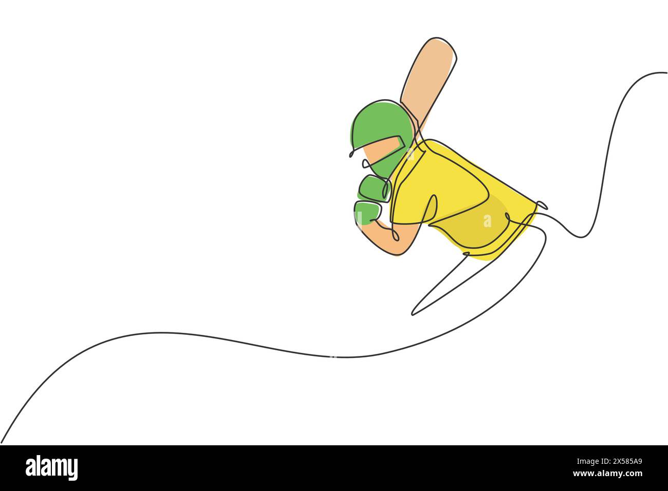 One continuous line drawing of young healthy man cricket player stance ...