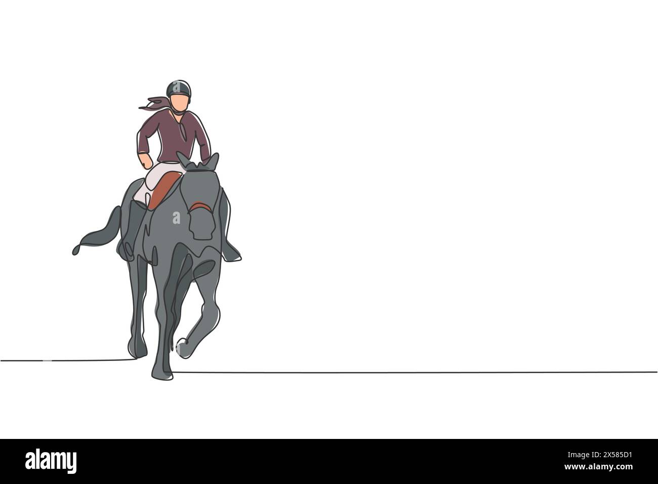 One single line drawing of young horse rider woman performing dressage ...