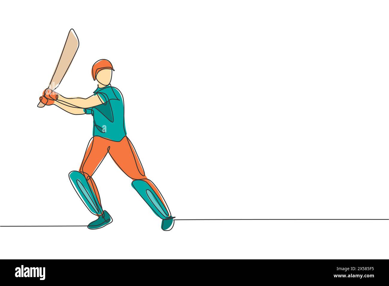 One continuous line drawing of young happy woman cricket player stance ...