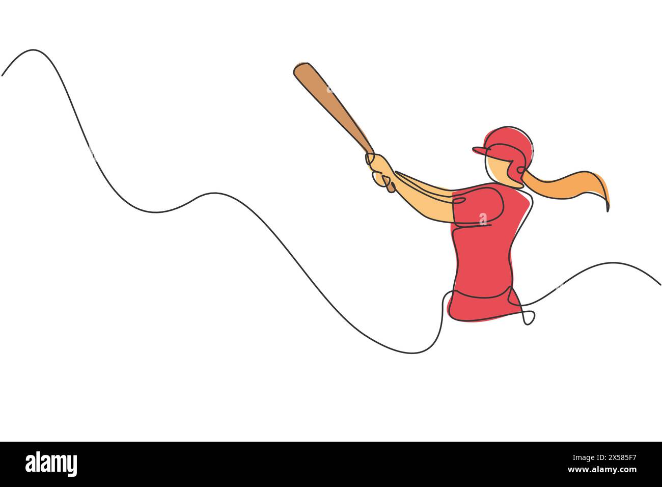 One single line drawing of young energetic woman baseball player ...