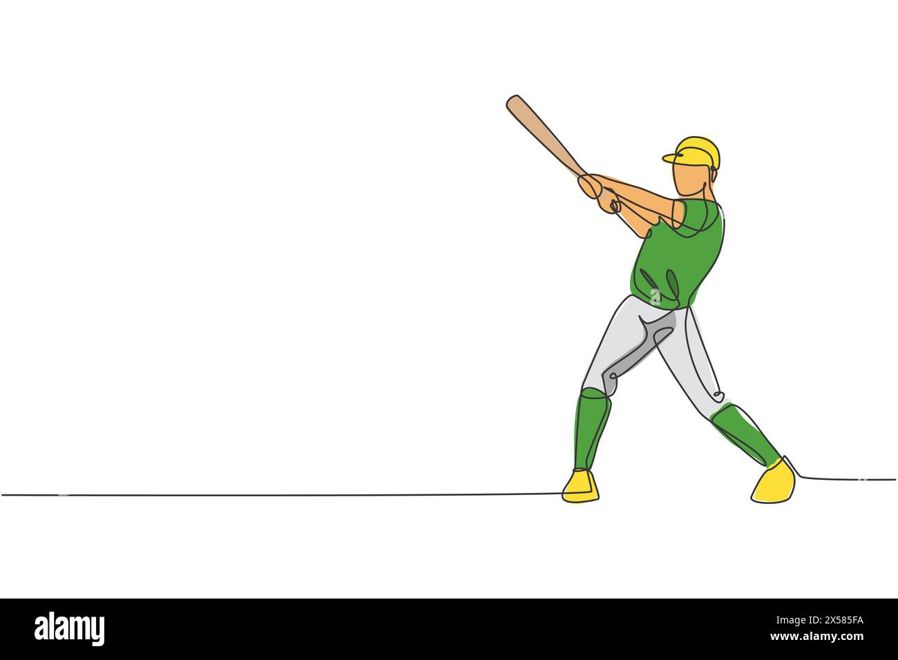 One single line drawing of young energetic man baseball player practice ...