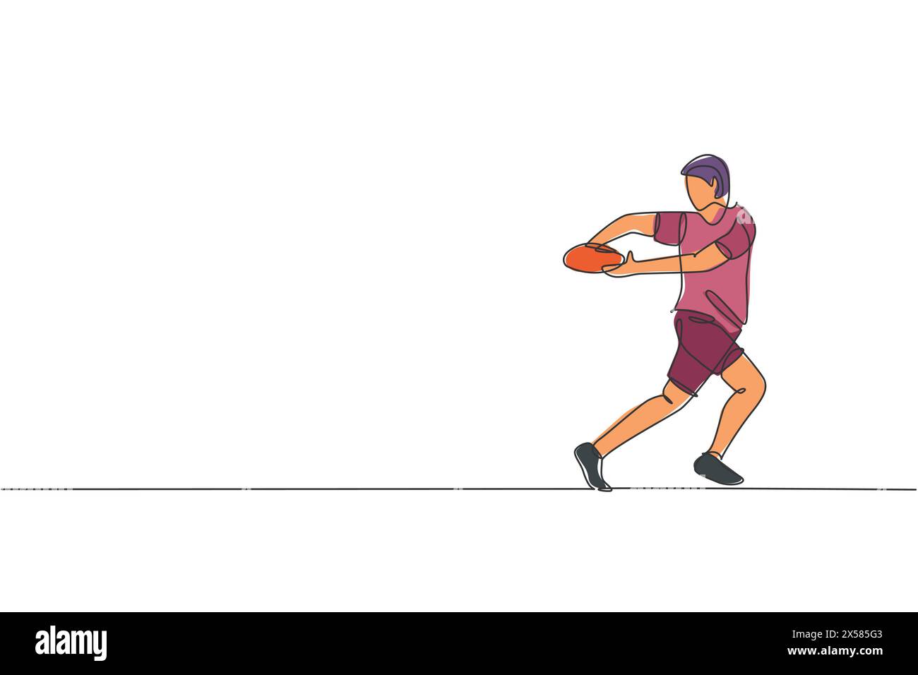 One continuous line drawing of young male rugby player catch the ball ...