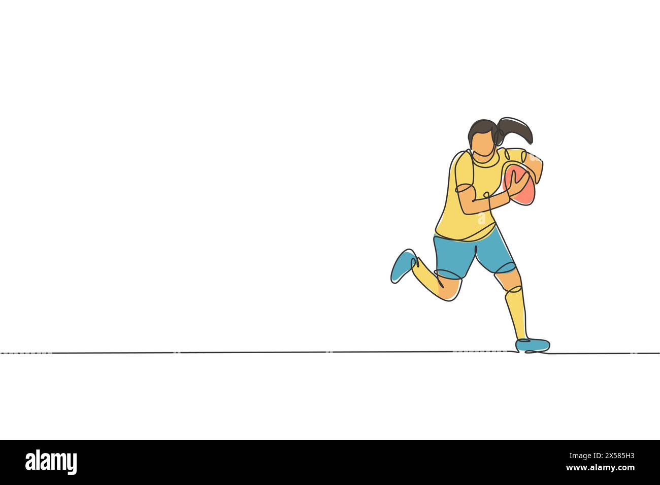 Single continuous line drawing young agile female rugby player holding ...