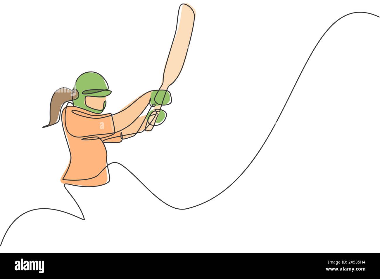 Single continuous line drawing of young agile woman cricket player ...