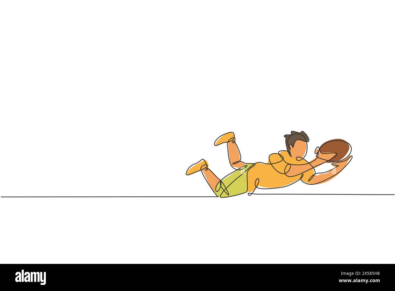 Single continuous line drawing of young agile rugby player jump flying ...