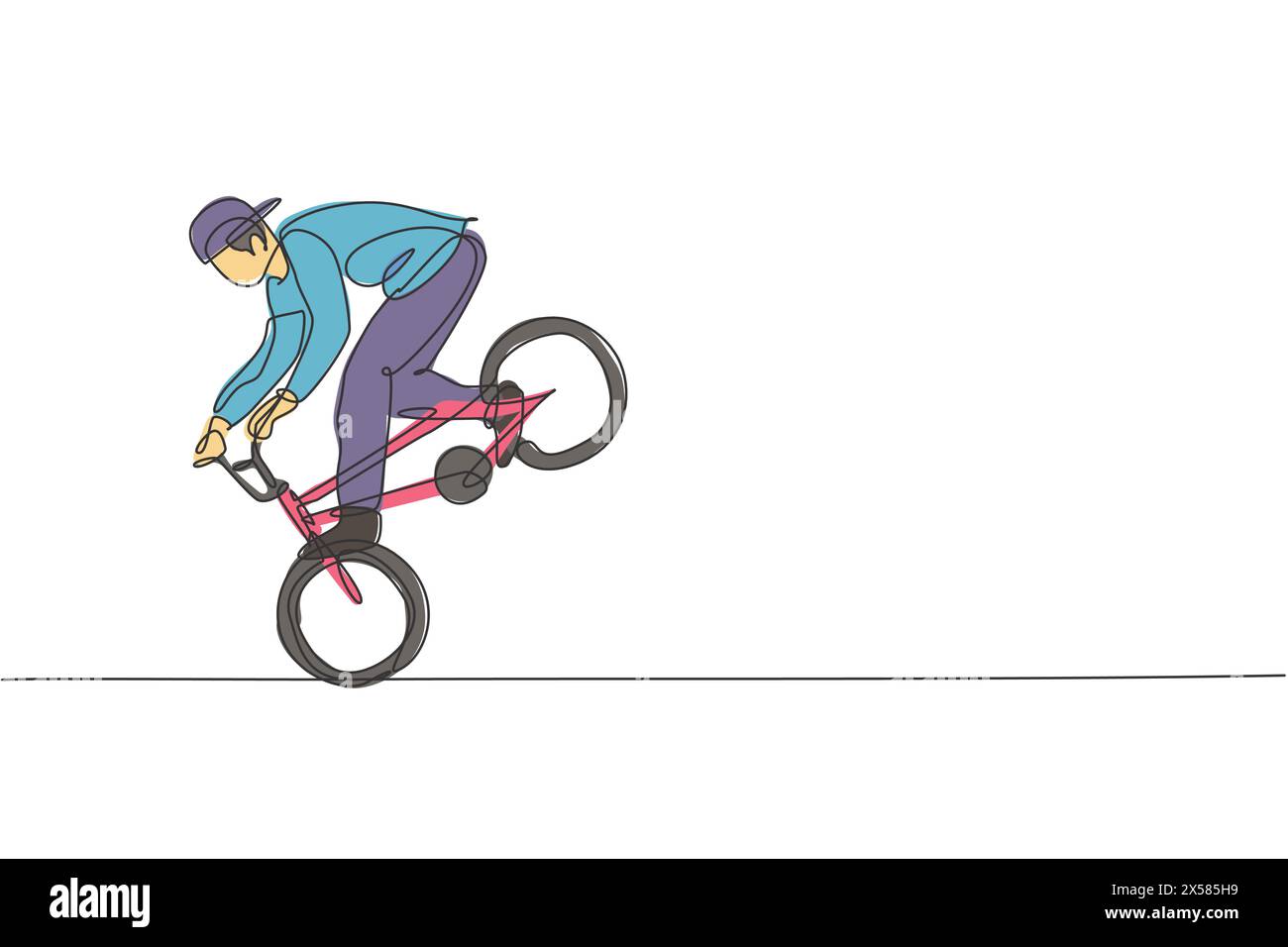 Single continuous line drawing of young BMX cycle rider show extreme ...