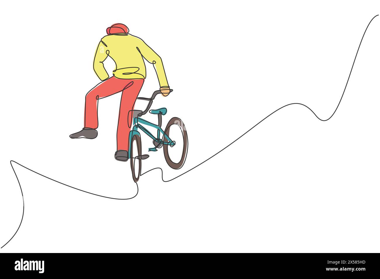 One continuous line drawing of young BMX bicycle rider performing ...