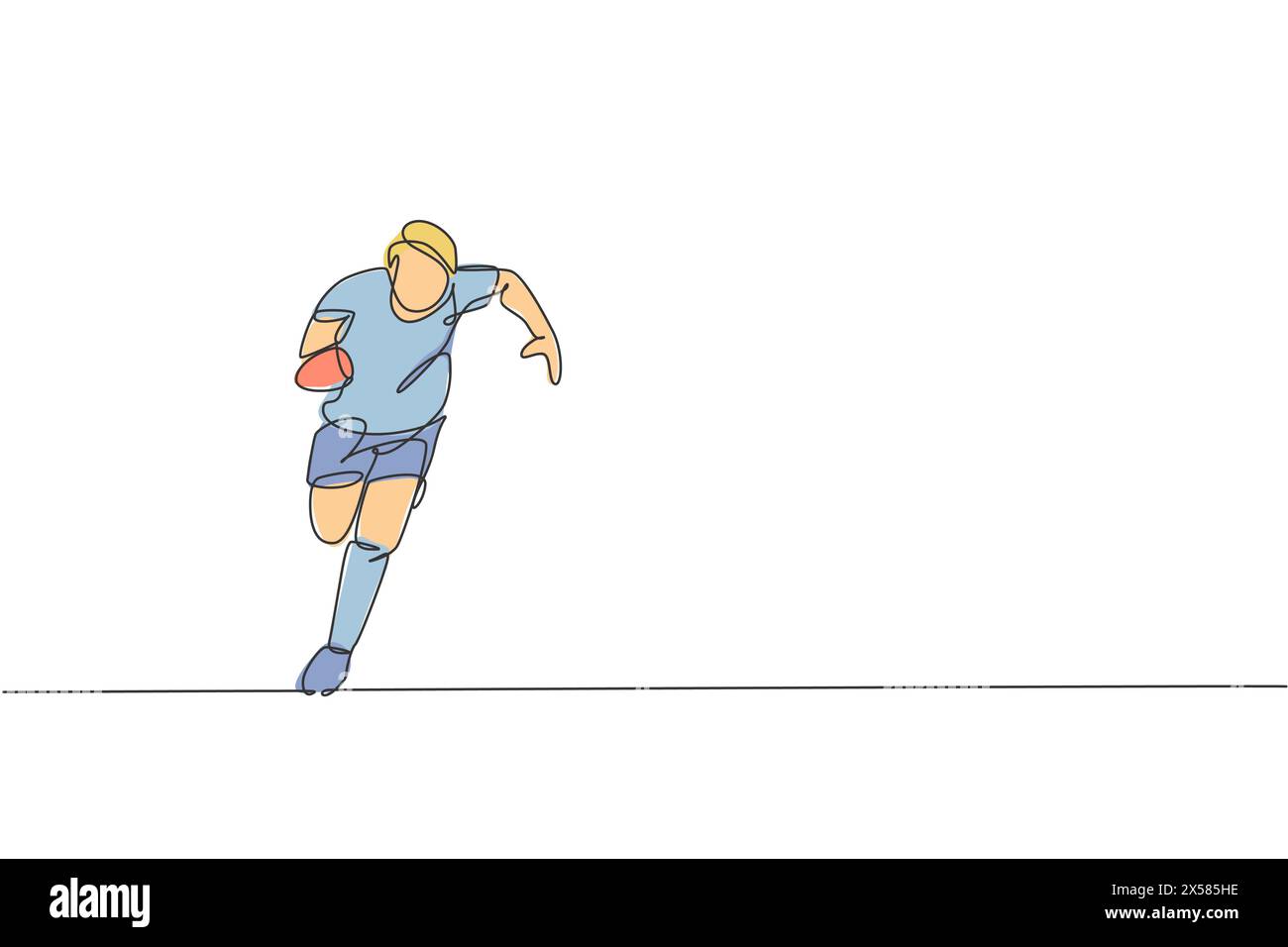 One continuous line drawing of young man rugby player run and hold the ...