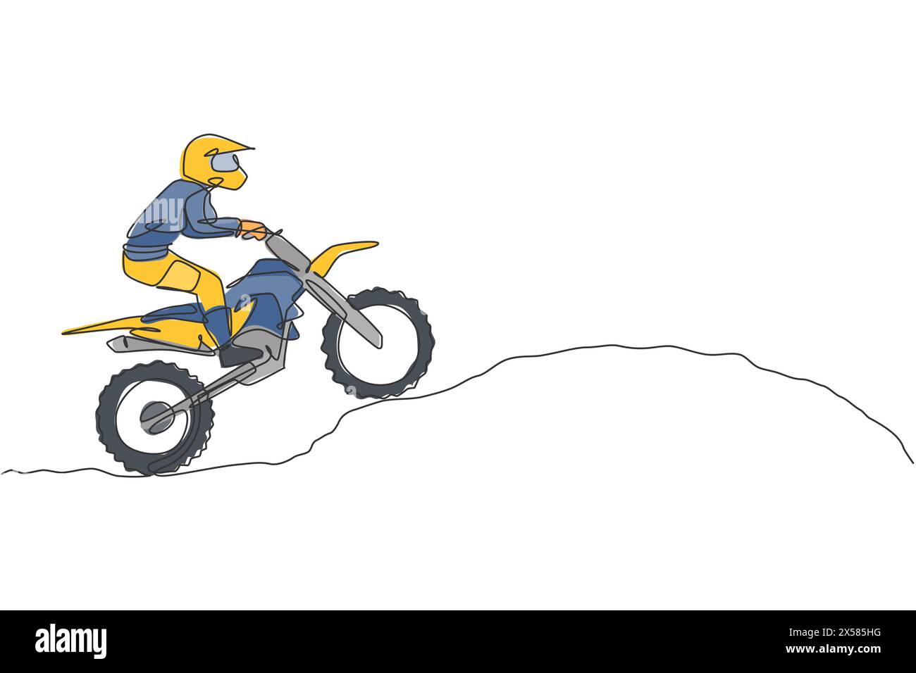 One continuous line drawing of young motocross rider climb mound of ...