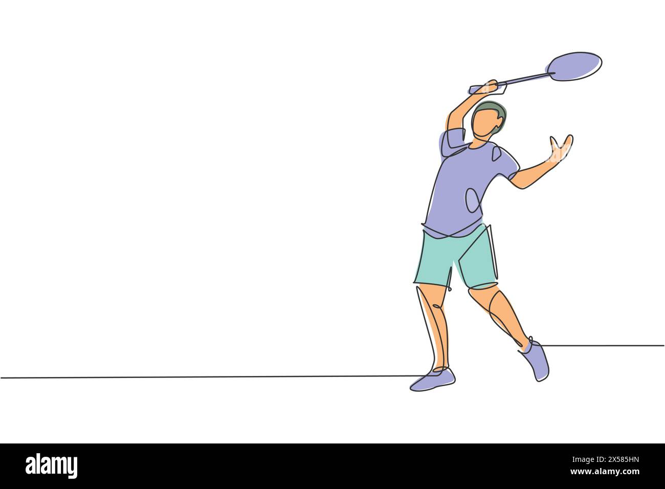 One continuous line drawing of young badminton player defense to take ...