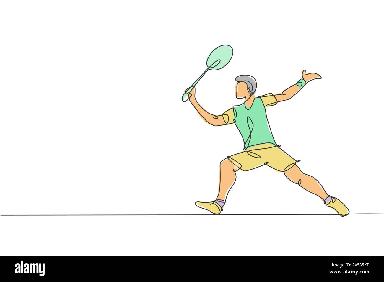 One single line drawing young energetic badminton player take a hit ...