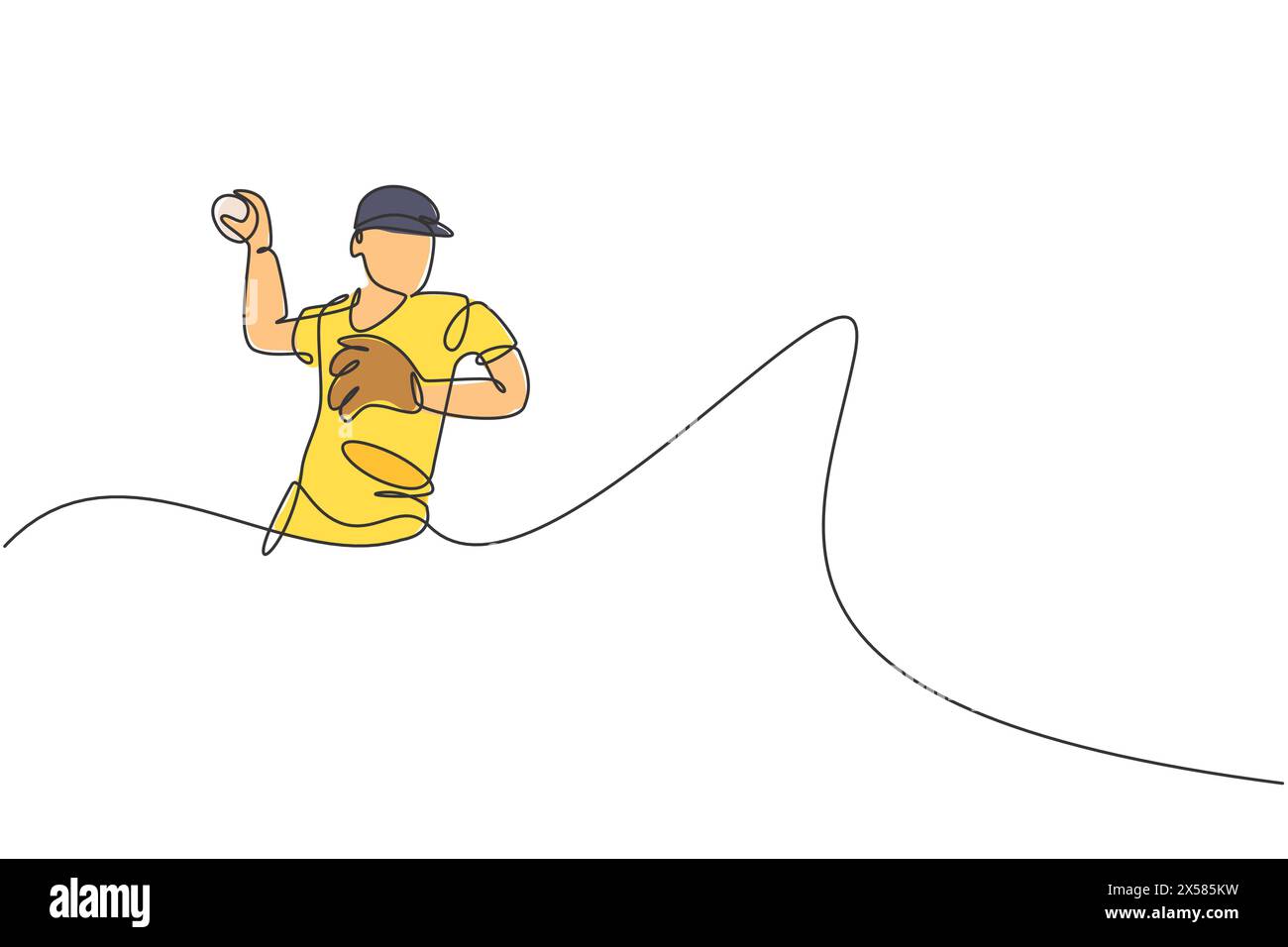 One single line drawing of young energetic man baseball pitcher train to throw the ball vector ...
