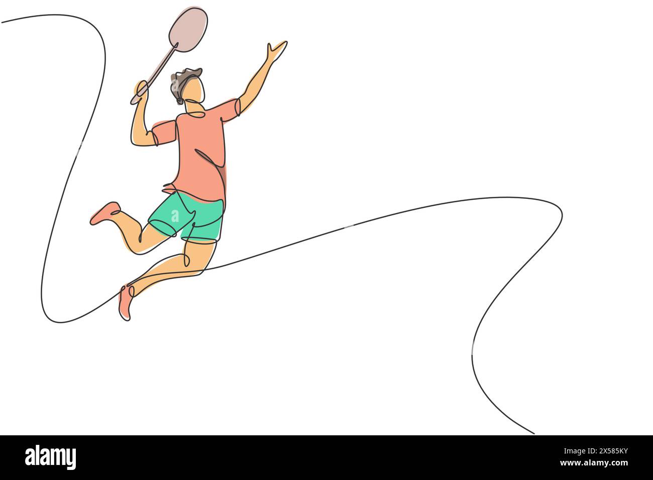 Single continuous line drawing of young agile badminton player jump and ...