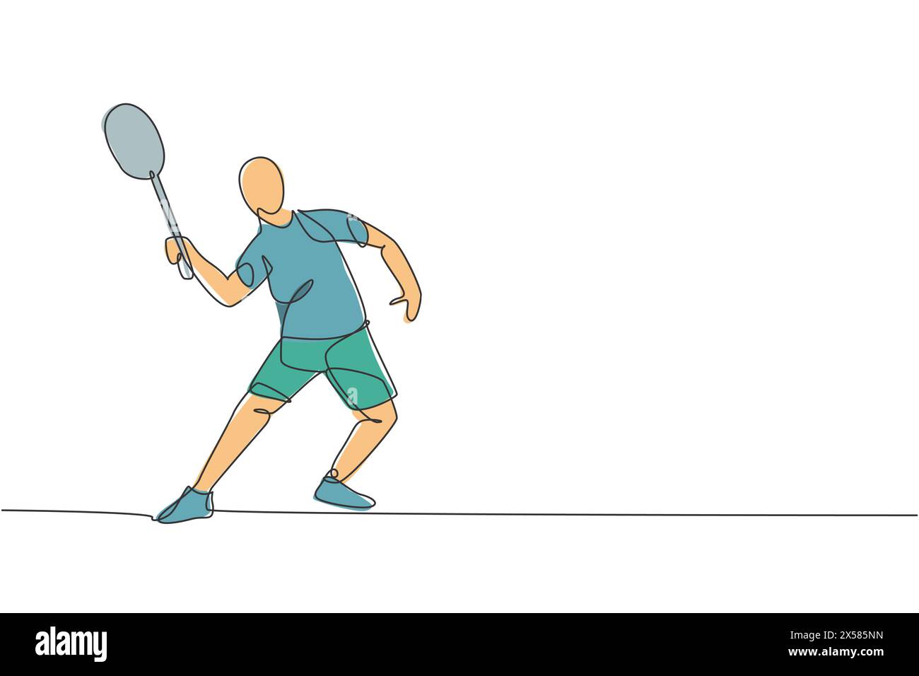 One single line drawing of young energetic badminton player jumping and ...