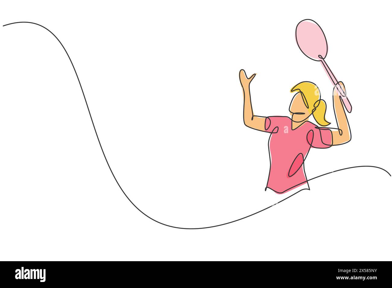 One single line drawing of young energetic badminton player jumping and ...