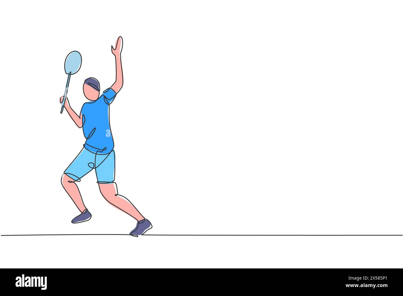 Single continuous line drawing of young agile badminton player hit ...