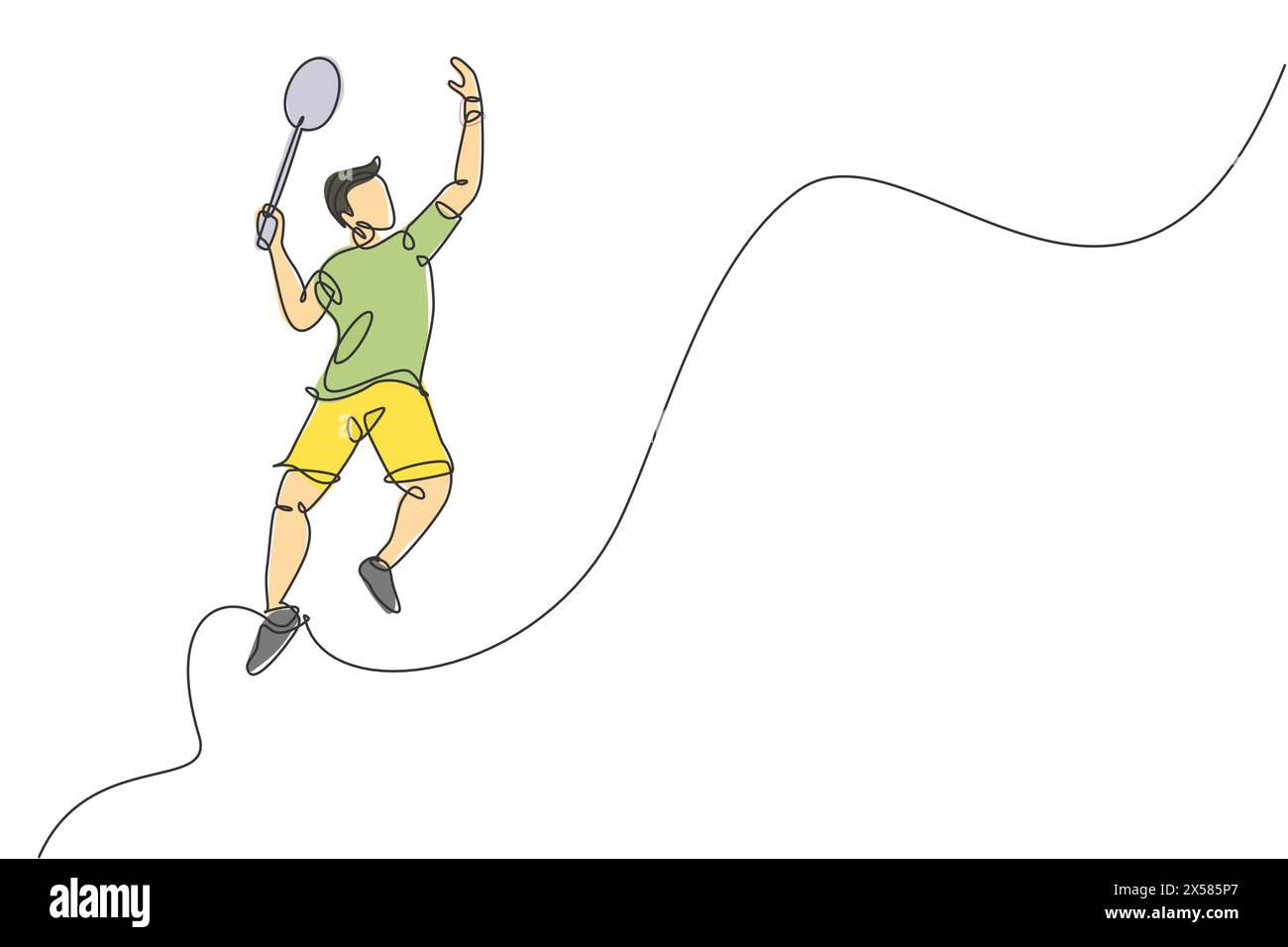 Single continuous line drawing young agile badminton player jumping ...