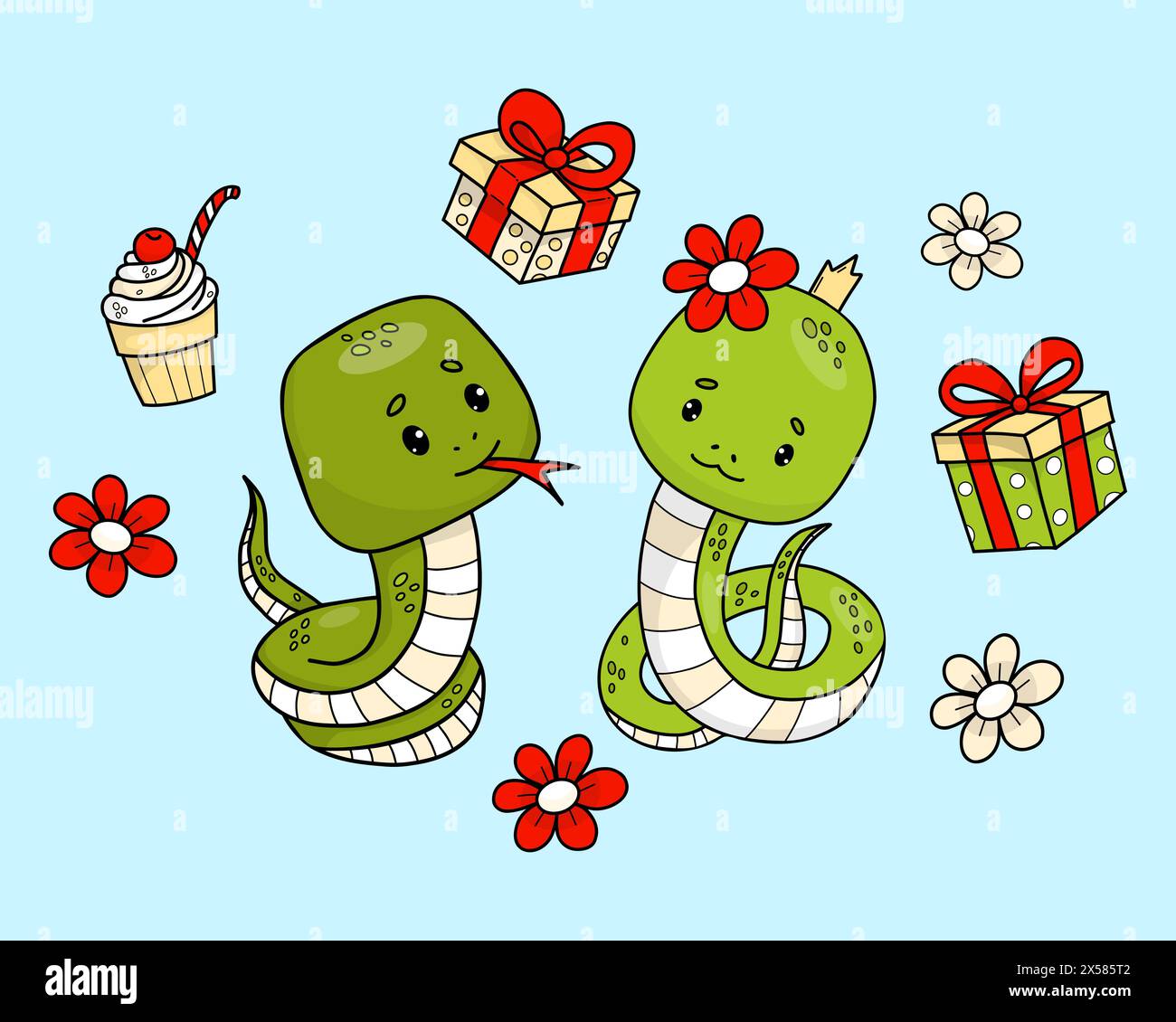 Couple cute snake. Romantic green animal reptile girl princess and boy ...
