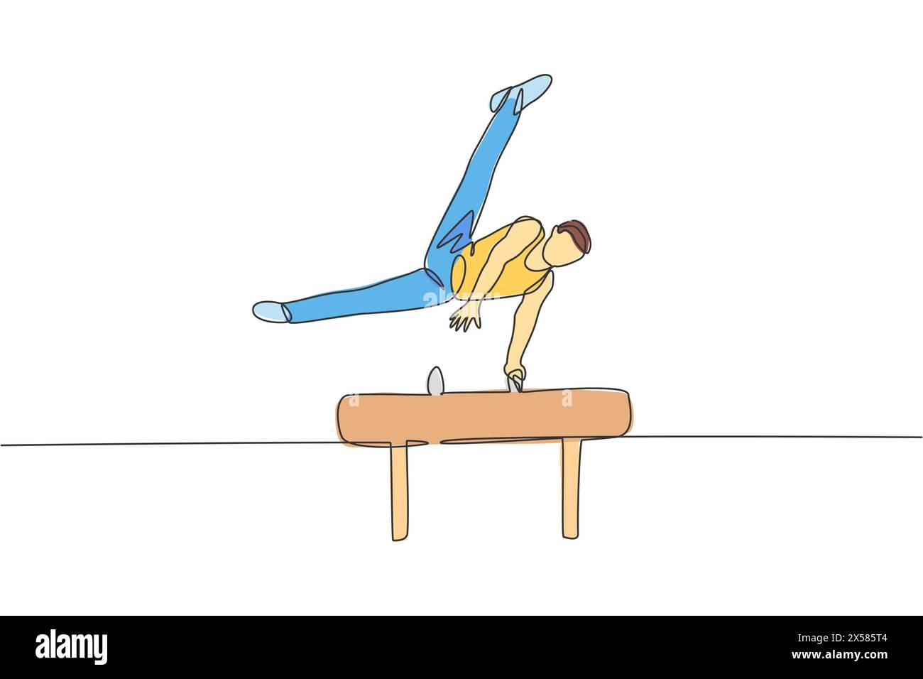 One continuous line drawing of young man exercising pommel horse at ...