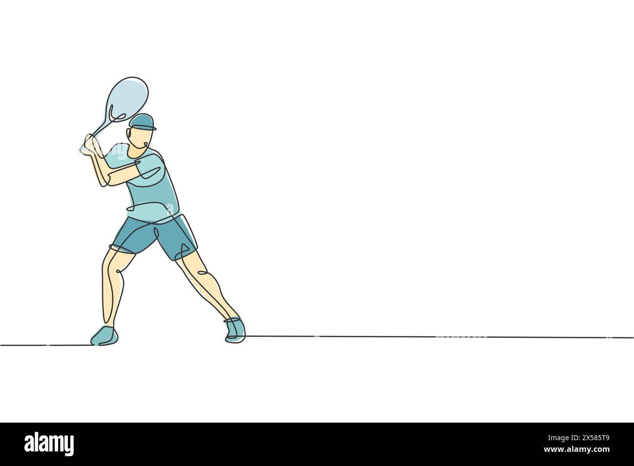 One continuous line drawing of young happy tennis player concentrate to ...