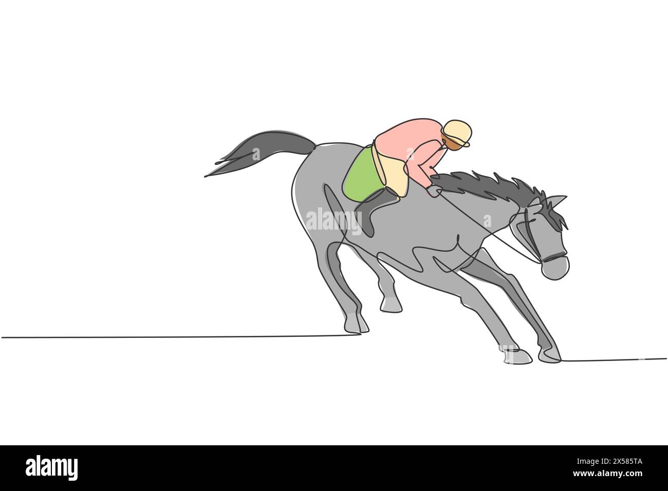 One continuous line drawing of young horse rider man in action. Equine ...