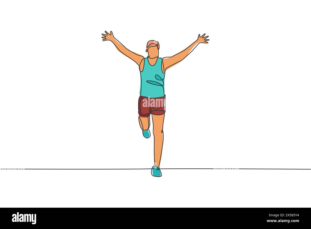 One continuous line drawing of young man athlete runner reach finish ...