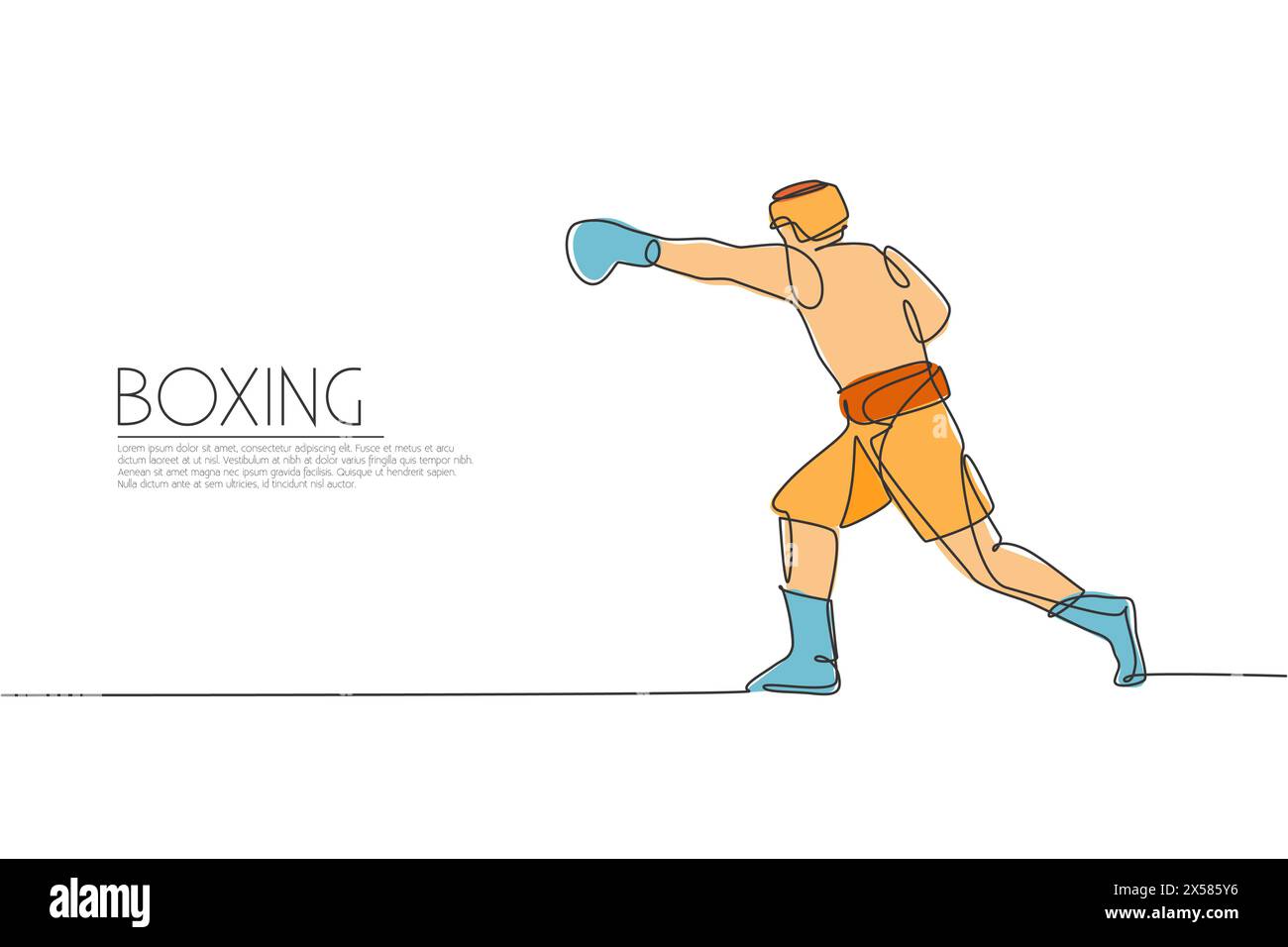 One continuous line drawing of young sporty man boxer practicing hook ...