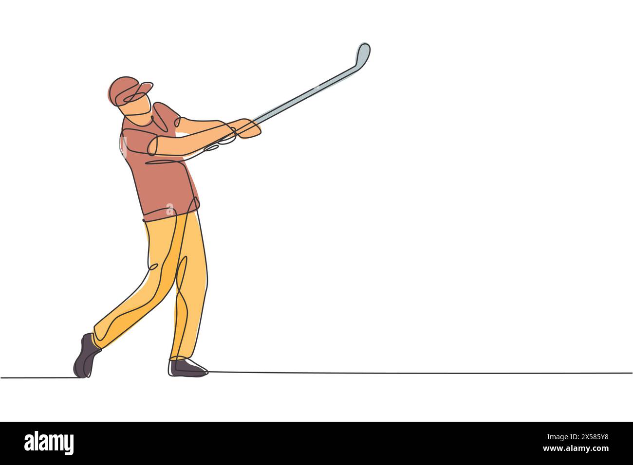 One single line drawing of young sporty golf player hit the ball using ...