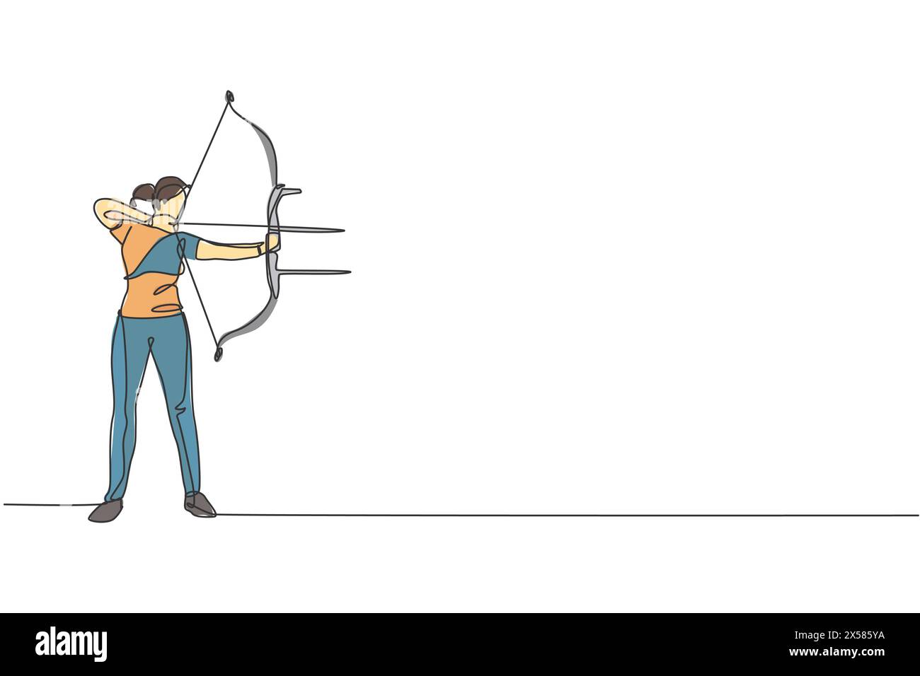 One single line drawing of young archer woman focus exercising archery to hit target vector ...