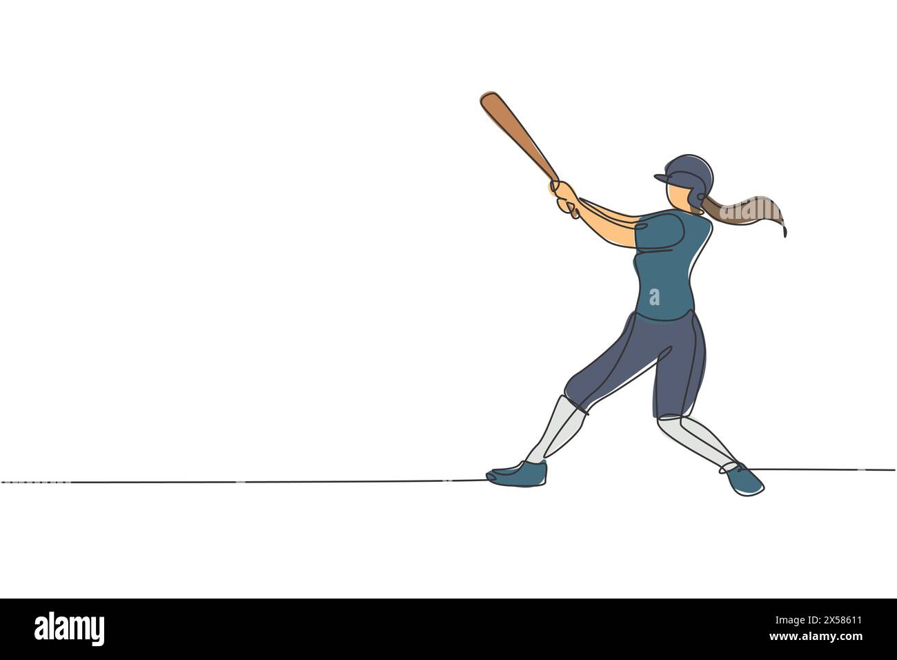 One single line drawing of young energetic woman baseball player ...