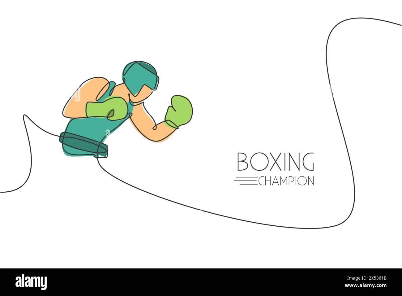 One continuous line drawing of young sporty man boxer focus practicing ...