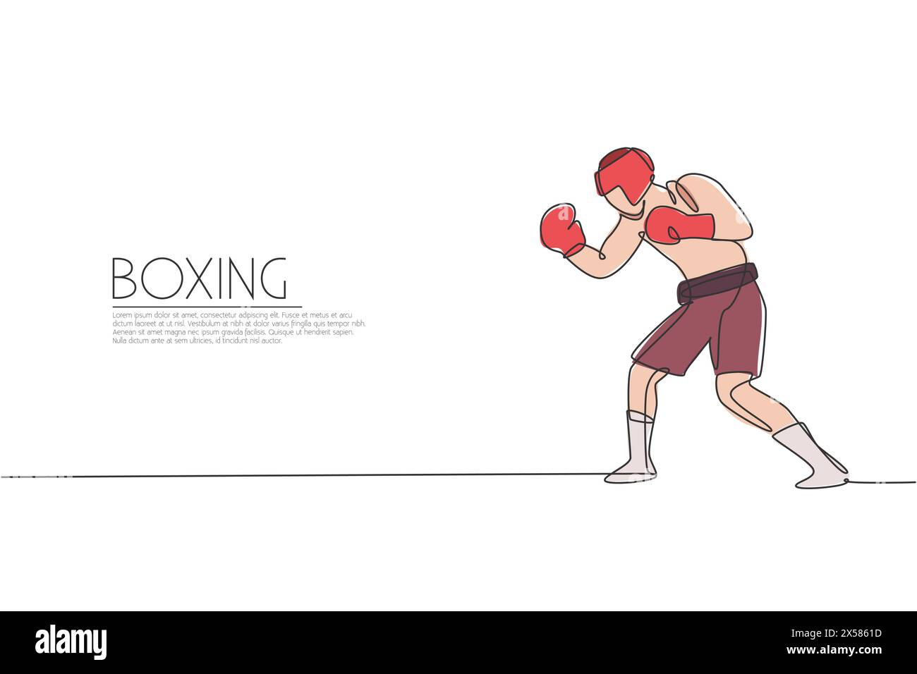 One single line drawing of young energetic man boxer focus practicing ...
