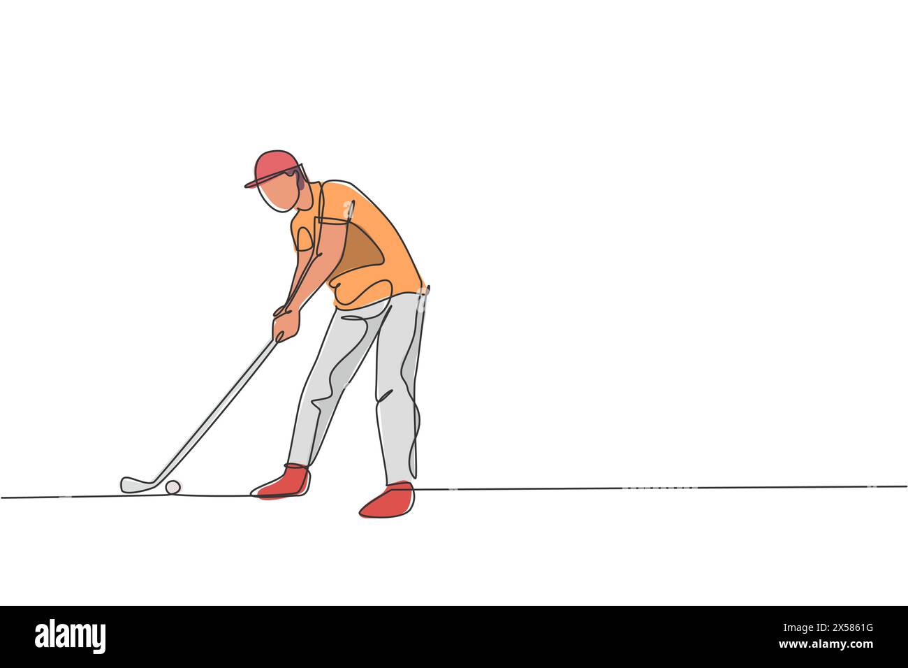 One single line drawing of young sporty golf player hit the ball using ...