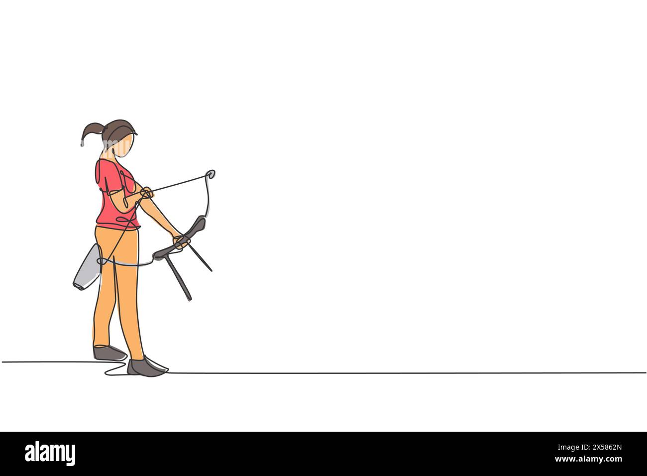 One single line drawing of young archer woman focus exercising archery ...