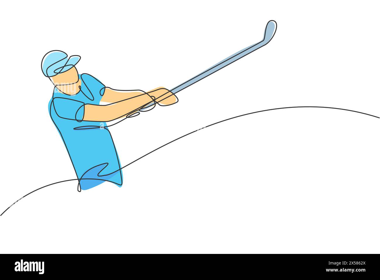 Single continuous line drawing of young happy golf player swing the ...